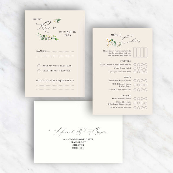 White Floral Evergreen RSVP menu card – NIVI Design