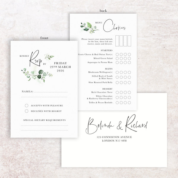 Evergreen RSVP menu card & envelope – NIVI Design