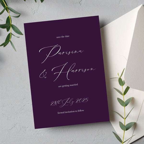 Calligraphy purple save the date cards Parisina – NIVI Design