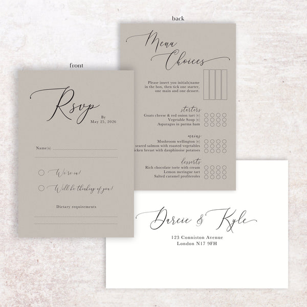 Darcie RSVP menu card and envelope – NIVI Design