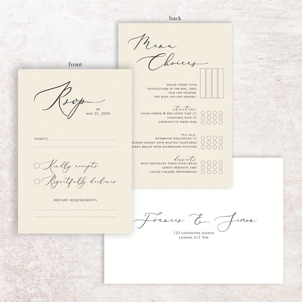 Francis RSVP menu card and envelope – NIVI Design