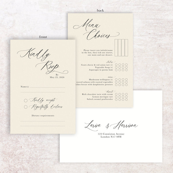 Larisa RSVP menu card and envelope – NIVI Design