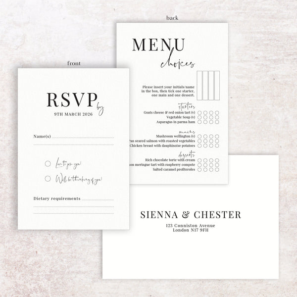Sienna RSVP menu card and envelope – NIVI Design